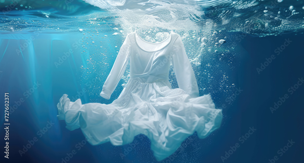 Washed white dress on blue ocean background, commercial advertisement ...