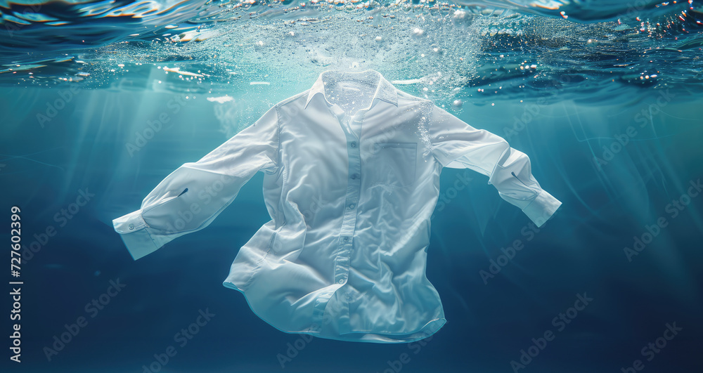 Washed white shirt on blue ocean background, commercial advertisement ...