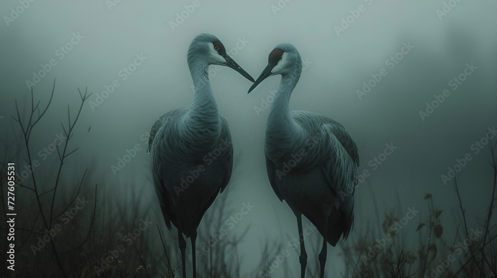 A wading bird stands in the water. A crane on a misty morning. Natural ...
