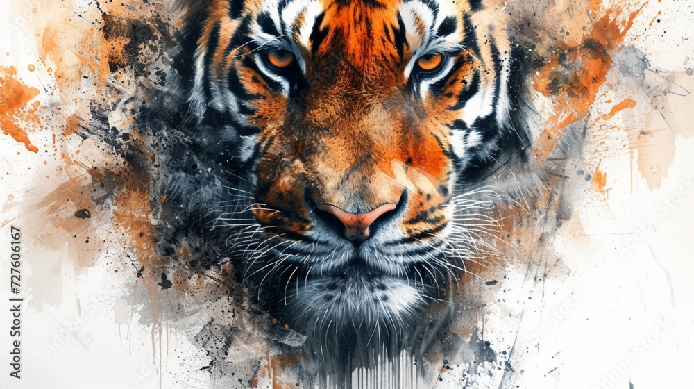 An abstract watercolor-style tiger face covering the chest, each stroke ...