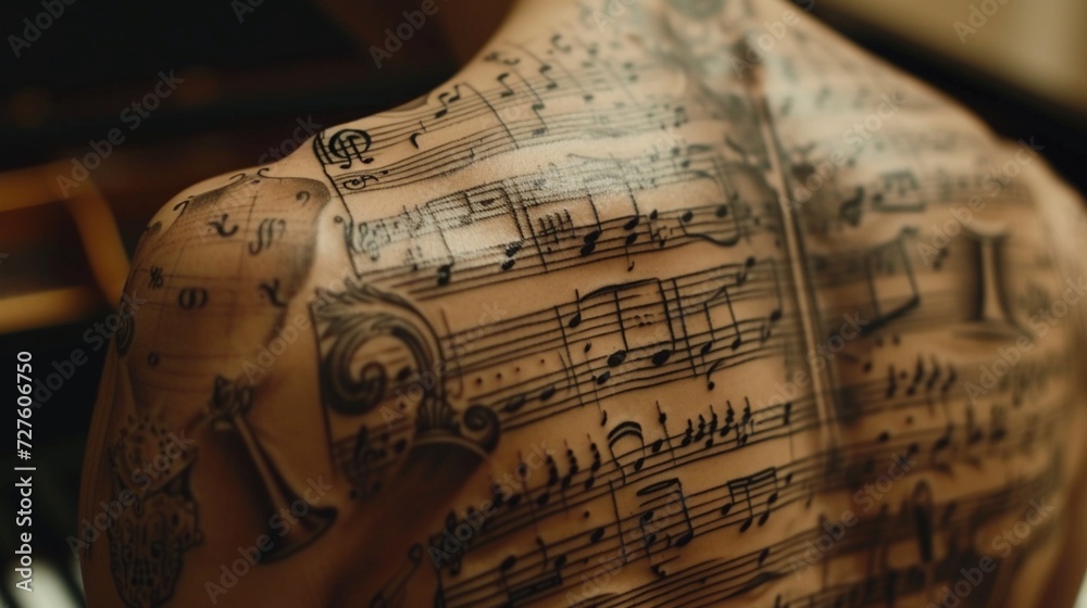 A symphony of music notes and instruments tattooed on the ribs ...