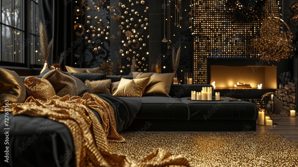 A cozy black and gold lounge area with a sectional sofa, golden throw ...
