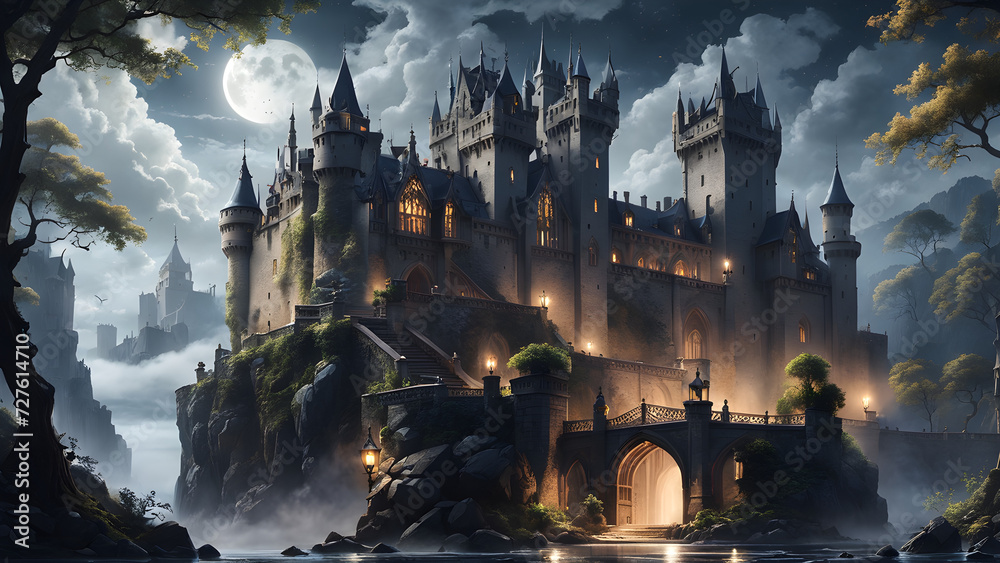 Gothic-style castle with an airy view, emphasizing its mysterious ...