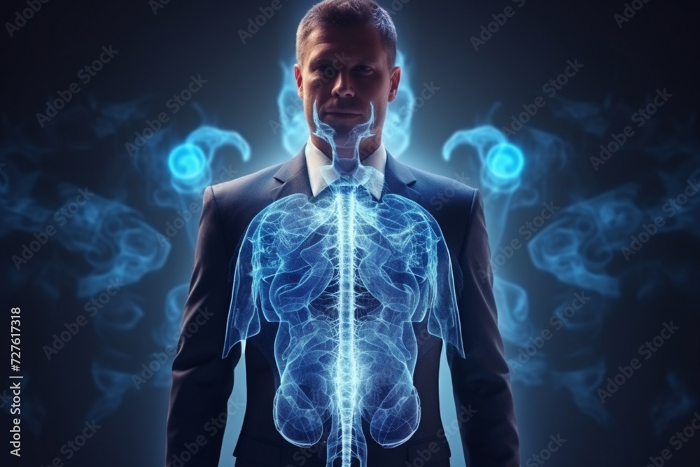 Blue energy radiates through a human body's x-ray, highlighting the ...