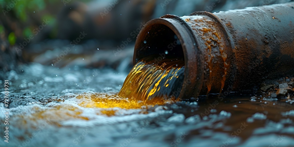Pollution theme showing an old rusted pipe leaking toxic waste into the ...