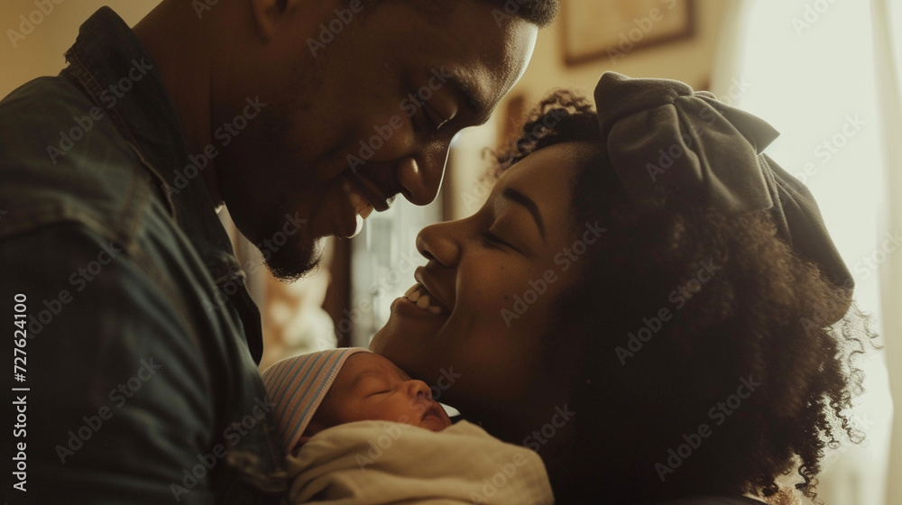 An emotional close-up of parents smiling down at their newborn ...