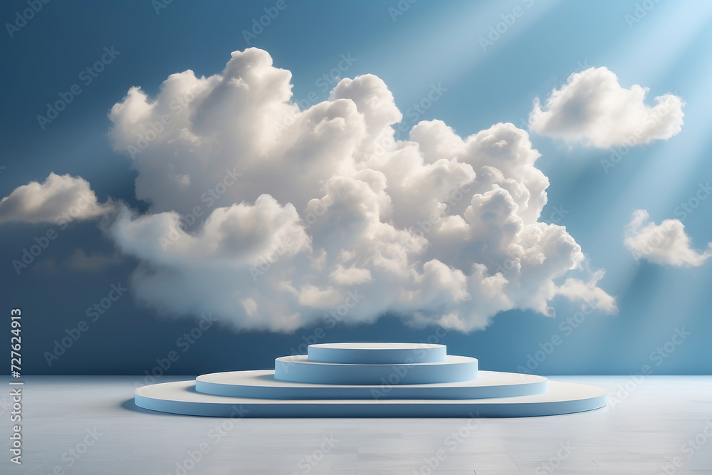 Cloud background podium blue 3d product sky white display platform ...