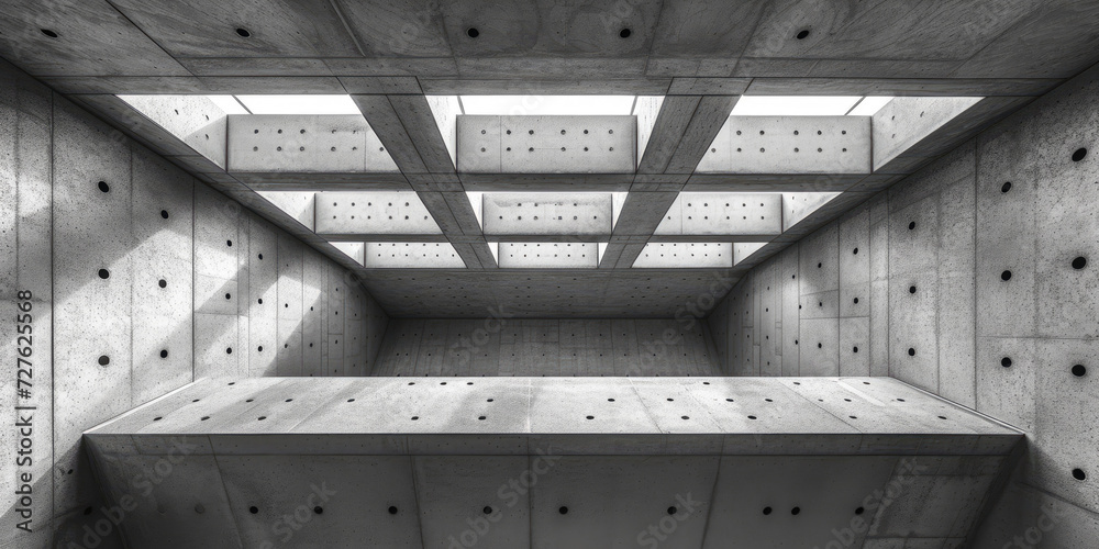 empty concrete room, Cement panel ceiling square block pattern Lighting ...