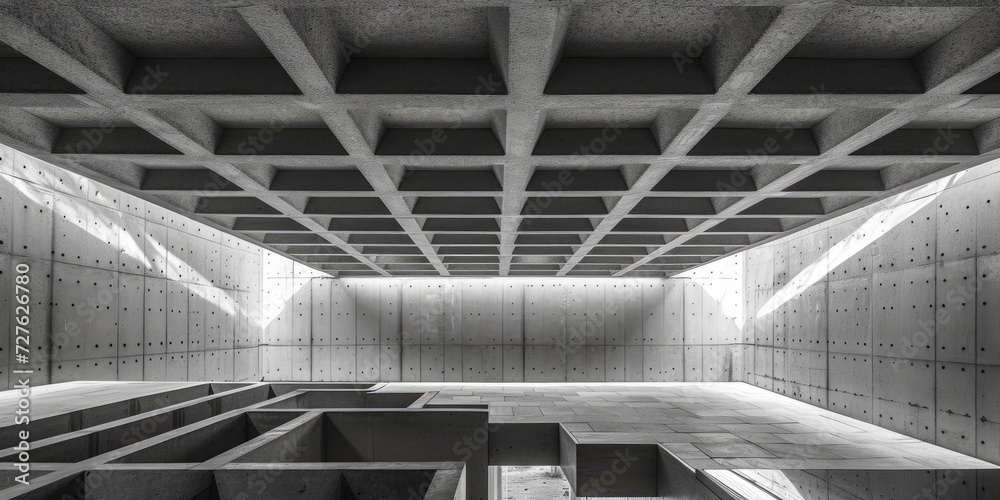 empty concrete room, Cement panel ceiling square block pattern Lighting ...