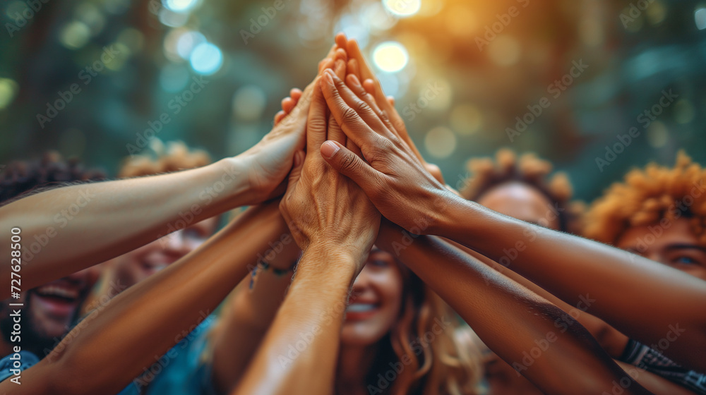 many human hands simultaneously high five after motivational ...