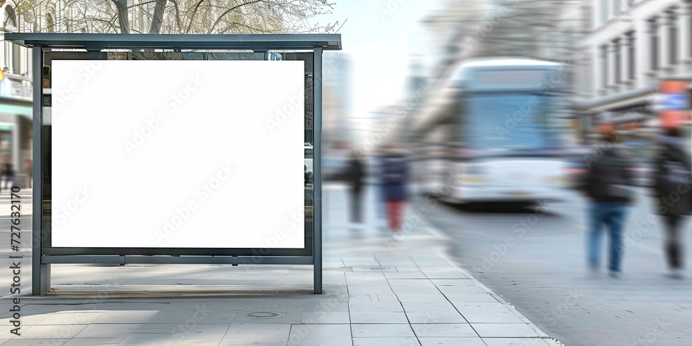 Bus stop with blank billboard, for advertising mockups and urban city ...
