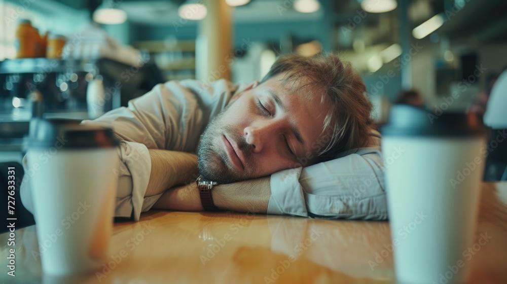 Tired overworked man sleeps at the table. Many coffee cups. Person work ...