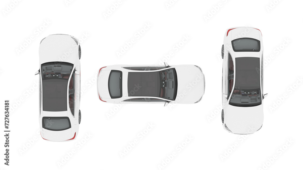 3D rendering aerial top angle view of the white PNG car set with blank ...