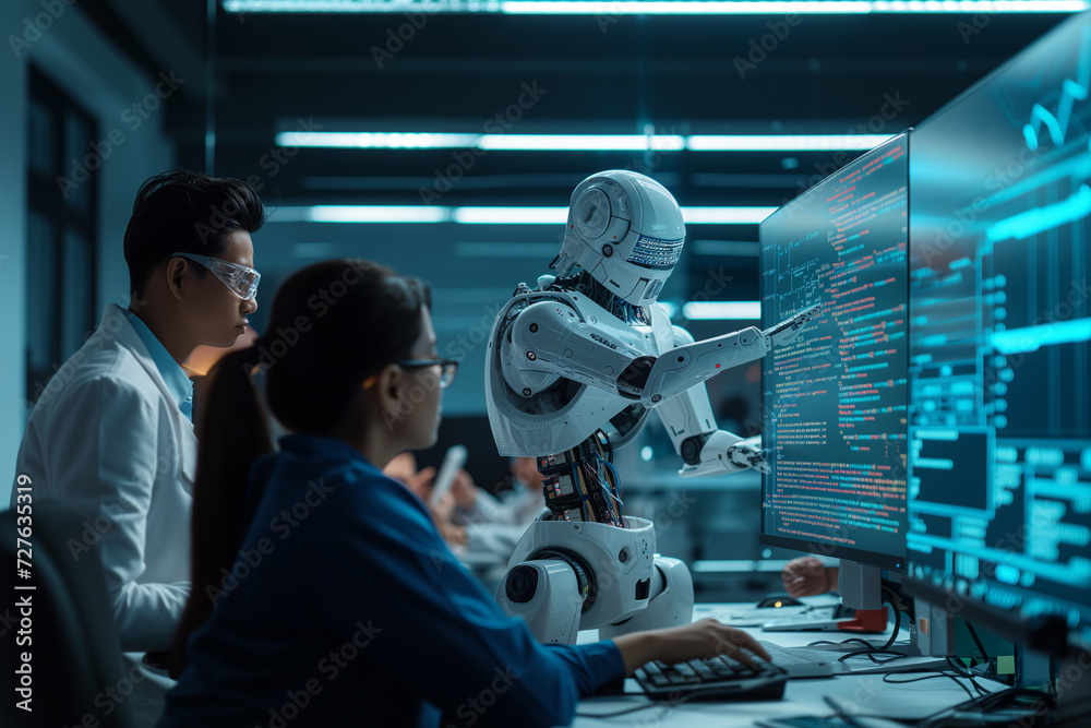 Engineers work alongside an advanced robot, programming and coding ...