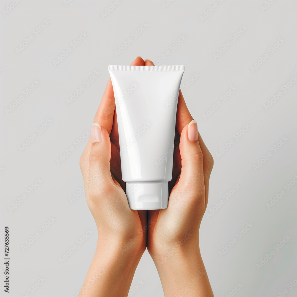 Female hands holding white tube of hand cream mockup on gray background ...
