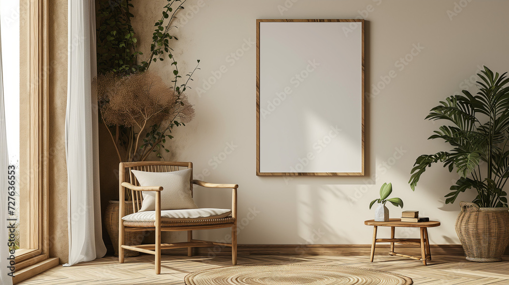 3d wooden frame hanging on the wall, in the style of photorealistic ...