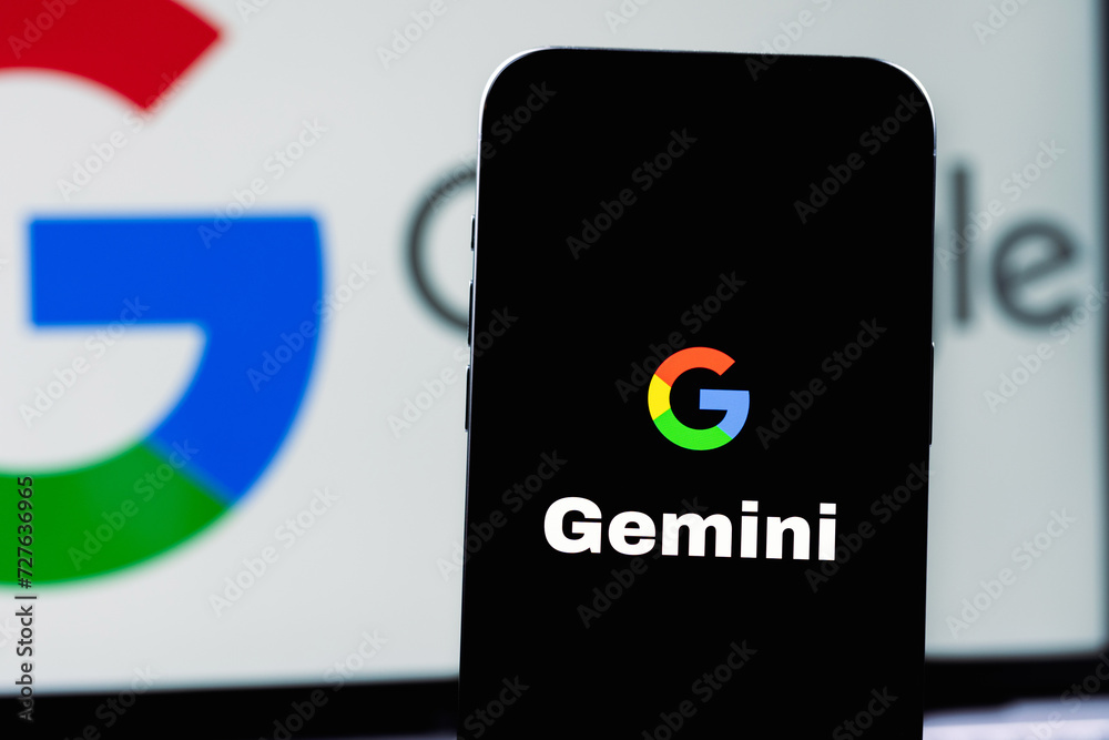 Google Gemini AI logo on a screen. Google announced Gemini, a large ...