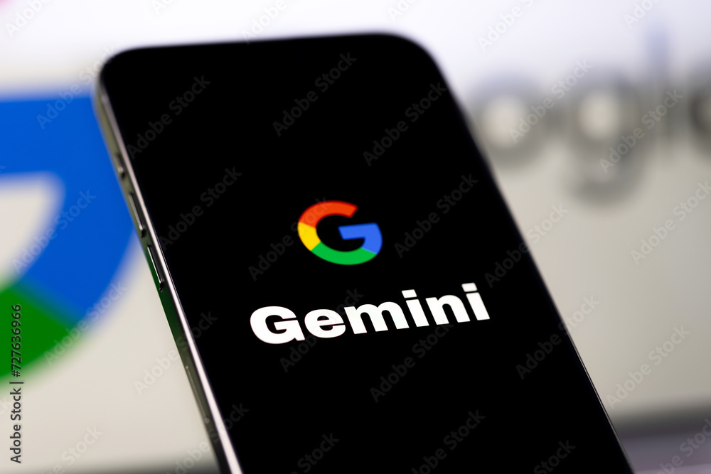 Google Gemini AI logo on a screen smartphone. Google announced Gemini ...