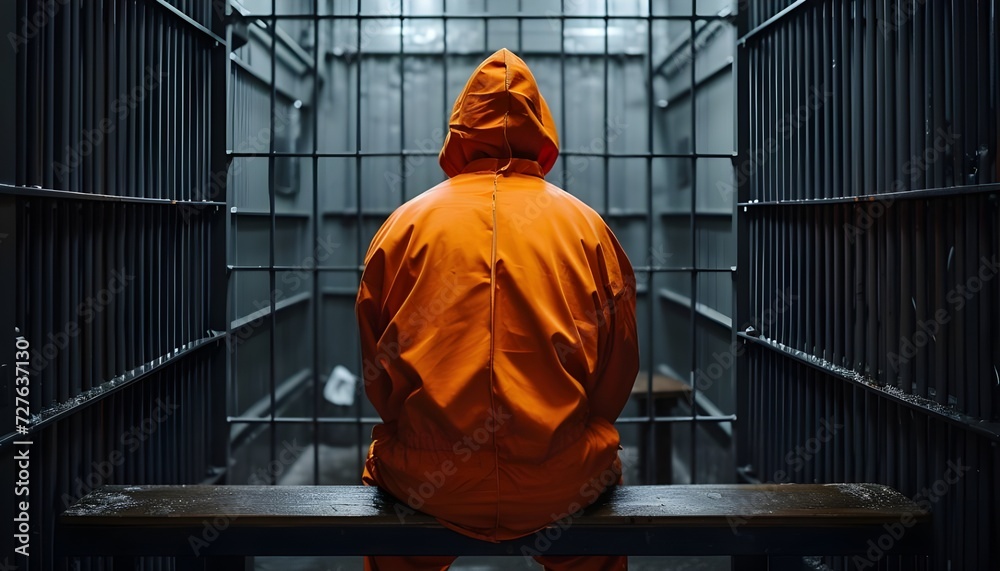 Jailed man dressed in orange jumpsuit sit on a bench of a prison cell ...