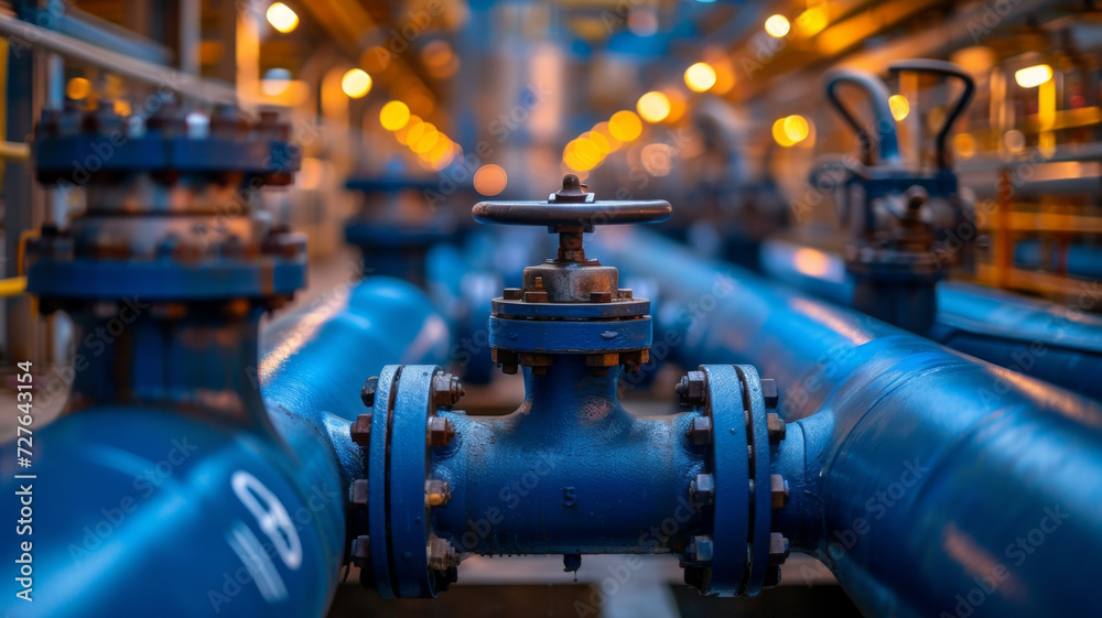 Close-up of heavy industrial blue pipeline valves and fittings ...