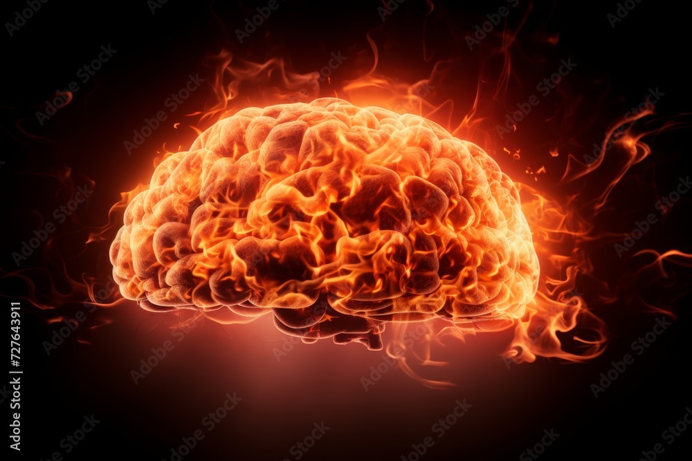 Side view of exploding brain on fire, disease concept for parkinsons ...