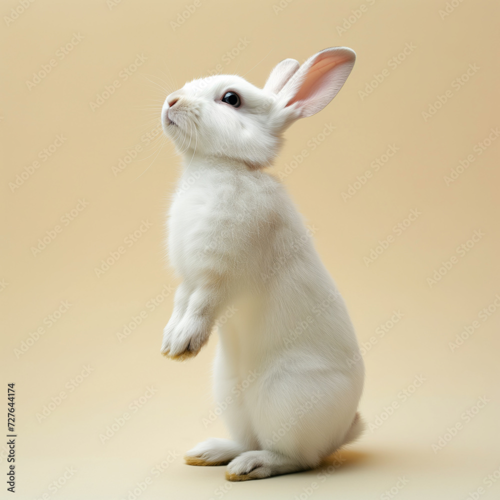 Cute white rabbit standing on its hind legs against a light beige ...