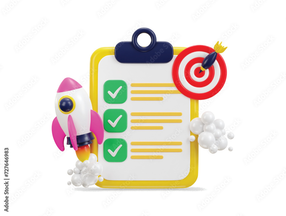 3d clipboard with todo checklist target on aim with rocket for self ...