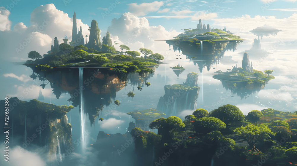 ancient floating islandsskyborne waterfalls and floating flora mystical ...