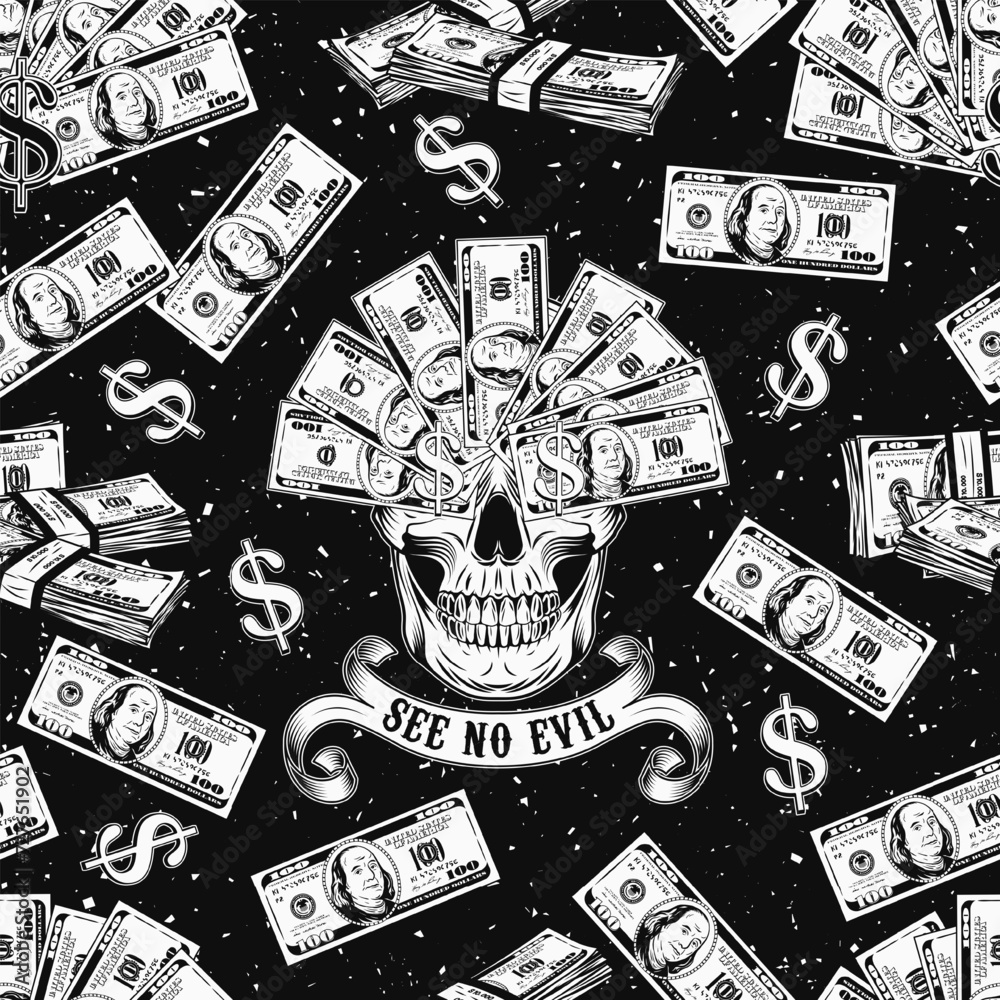 Money pattern with skull with fan of 100 dollar bills, scattered ...