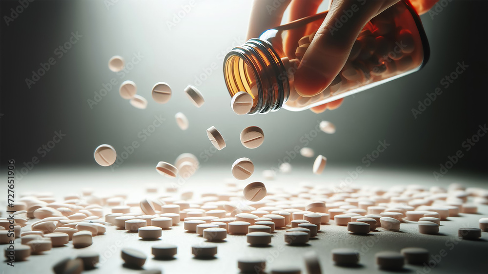 White pharmaceutical tablets and pills leaking from medicine container ...