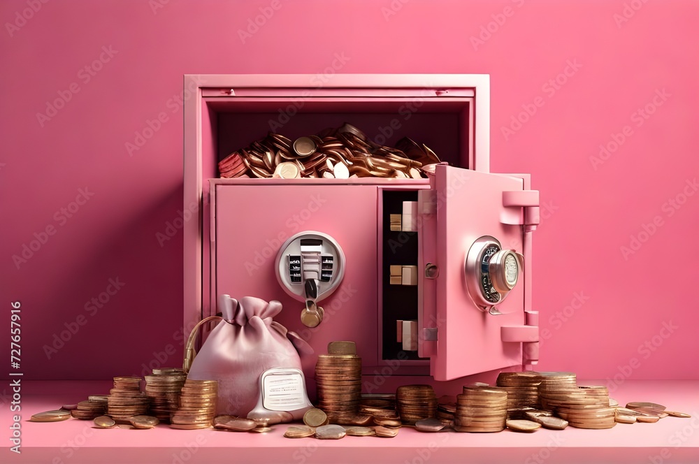 Golden coins and dollars fall out the opened metallic money safety box ...