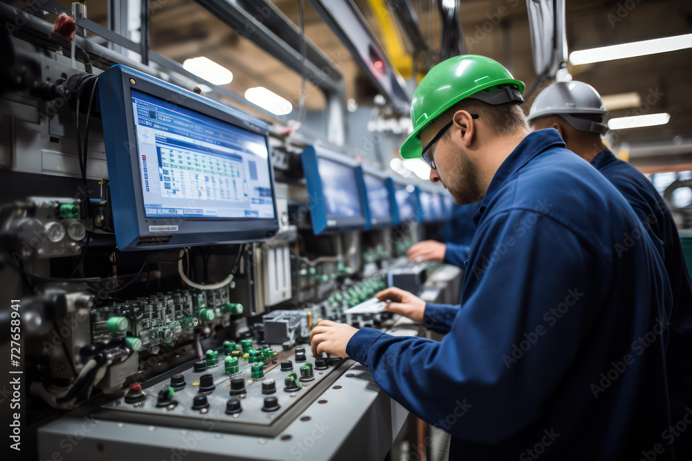 Engineer in a hard hat and safety glasses operating a complex control ...