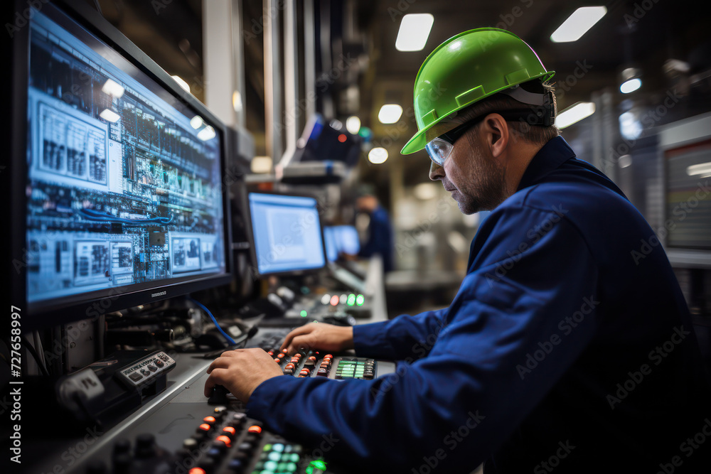 Engineer in a hard hat and safety glasses operating a complex control ...