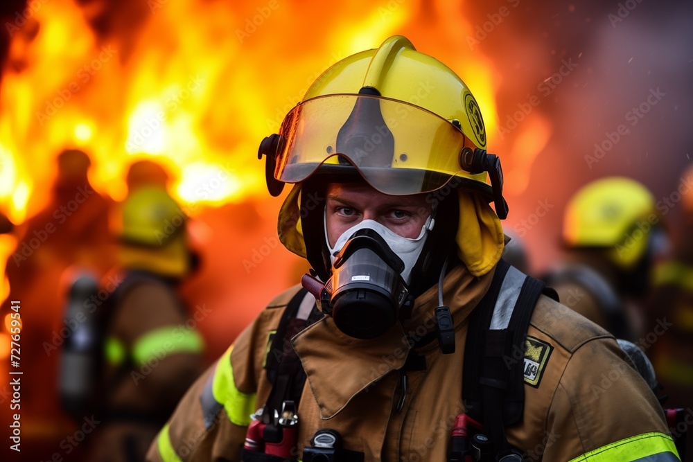 Firefighter in full equipment with gas mask and helmet against the ...