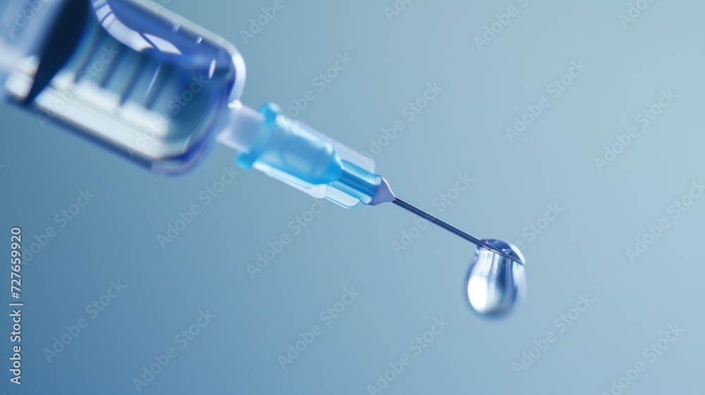 Water drips from the tip of a syringe. Medical. Hospital. Low angle ...