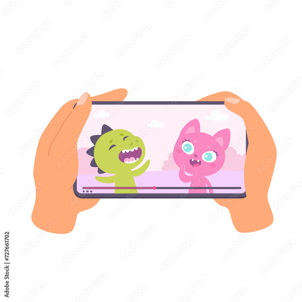 Hands hold horizontally mobile phone with game screen. People arms are ...