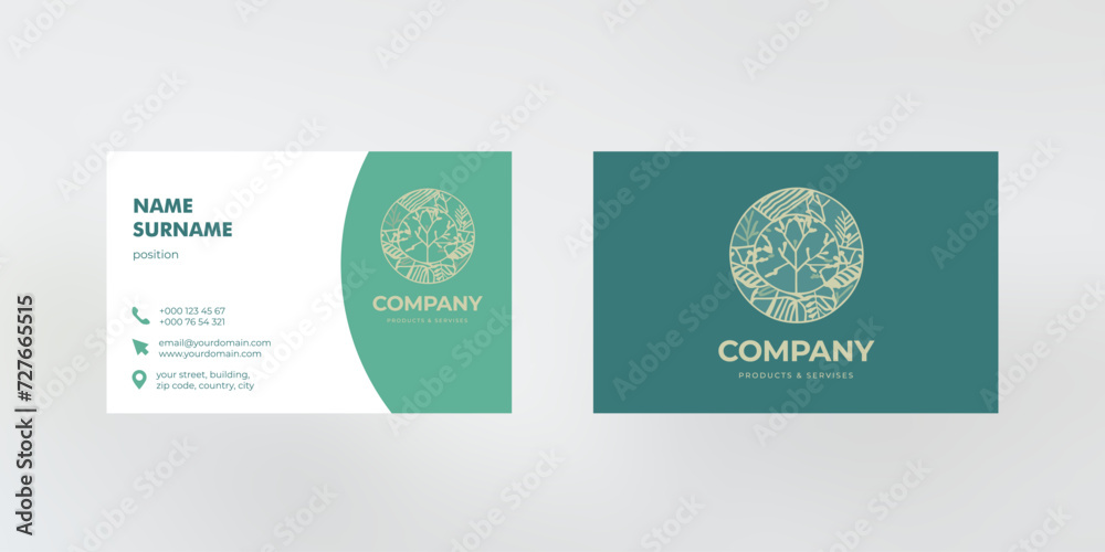 Vector business card design with green background and leaf logo ...