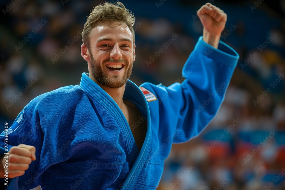 Victorious Caucasian male judoist celebrates in a blue uniform after ...