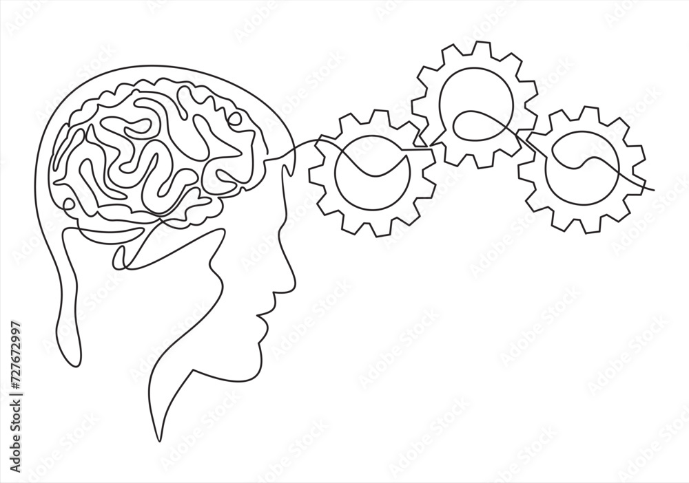Cog wheels in head in One single Line drawing for logo, emblem, web ...