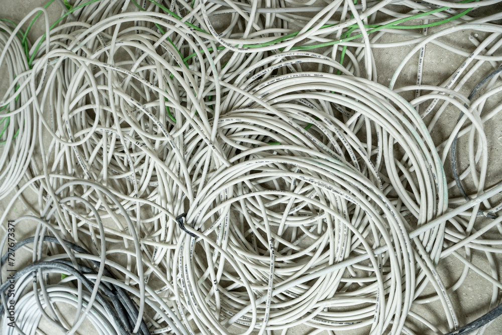 cable spaghetti. Electrical cable clutter on a construction site Stock ...