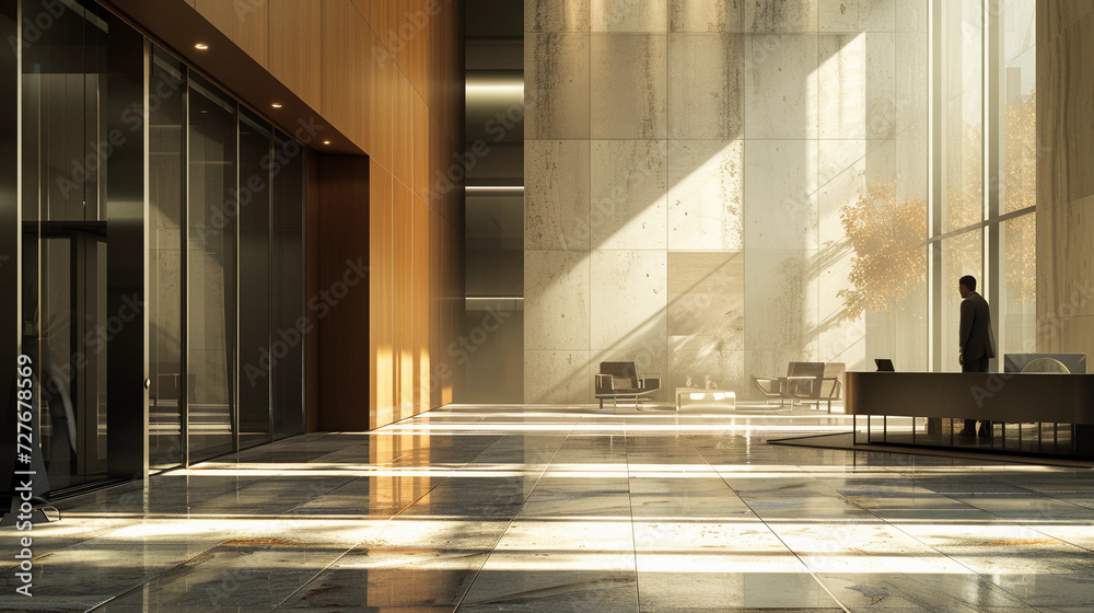 candidate alone in thought, detailed textures of office lobby, natural ...