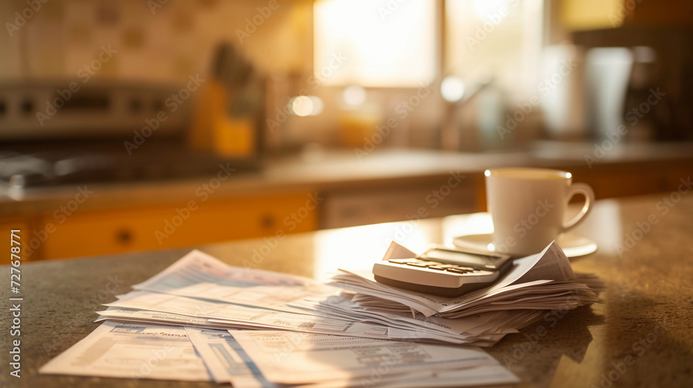 stack of overdue utility bills and final notices on a kitchen counter ...