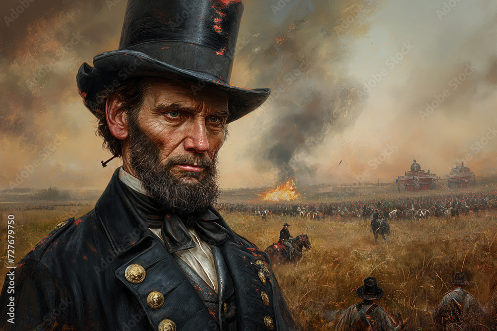 Abraham Lincoln, dressed in black, stands on the edge of a battlefield ...