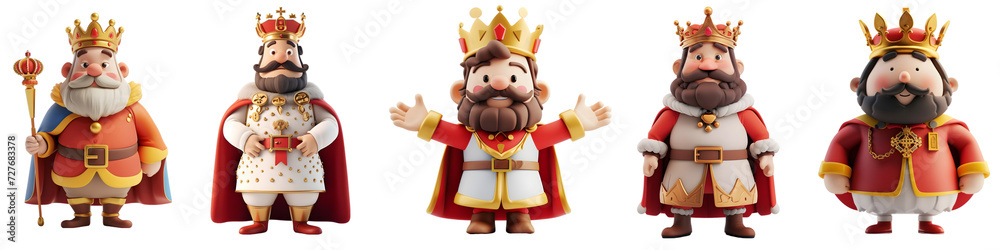 Set of 3D Cartoon Kings Characters on Transparent Background Stock ...