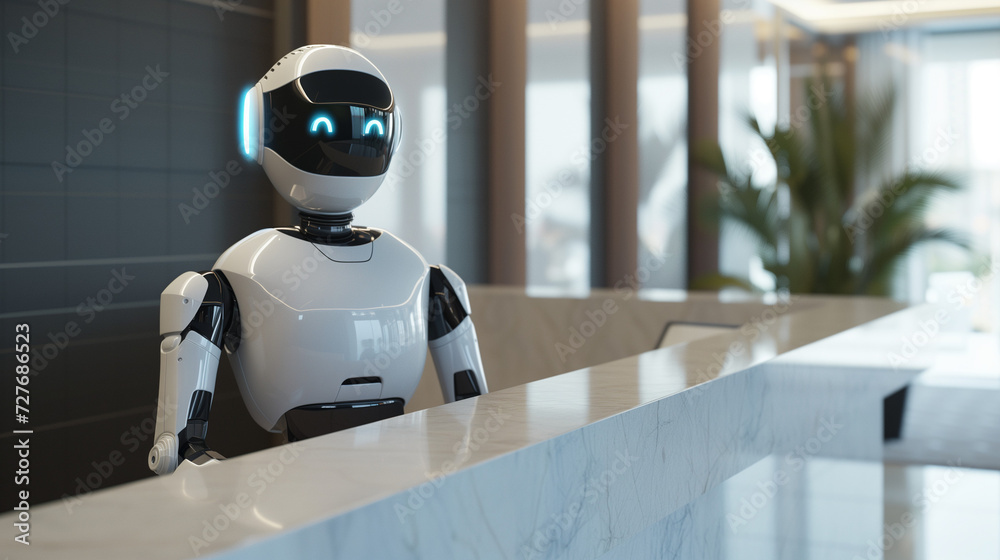 Foto de AI robot man at the reception desk with a friendly and neat ...