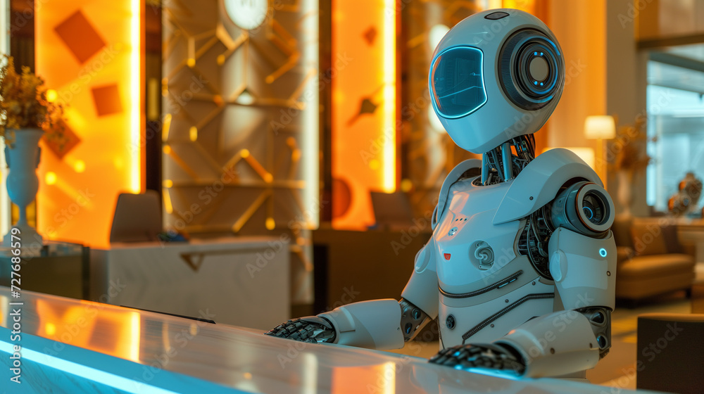 Foto de AI robot man at the reception desk with a friendly and neat ...