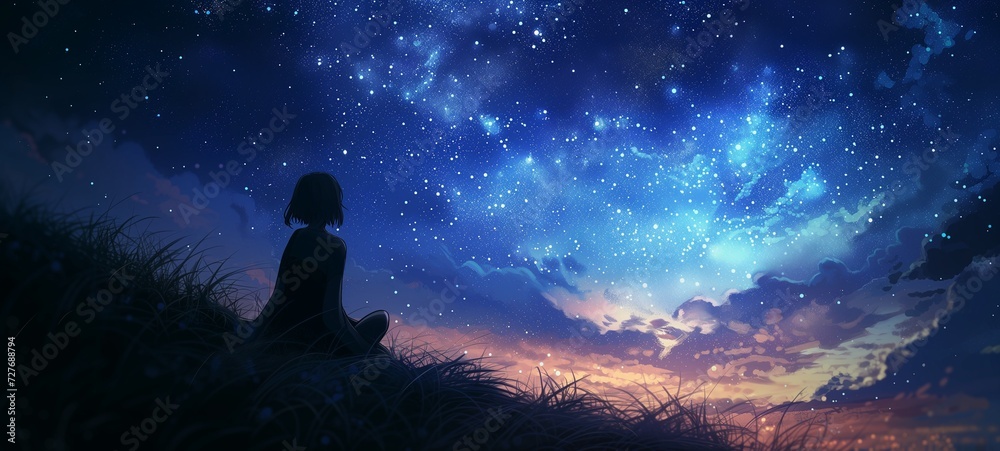 Tranquil anime art of a girl in silhouette sitting on a grassy knoll ...