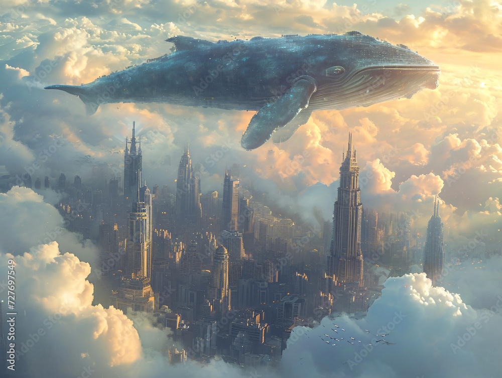 A giant whale flying through the sky. The whale is large and blue, and ...