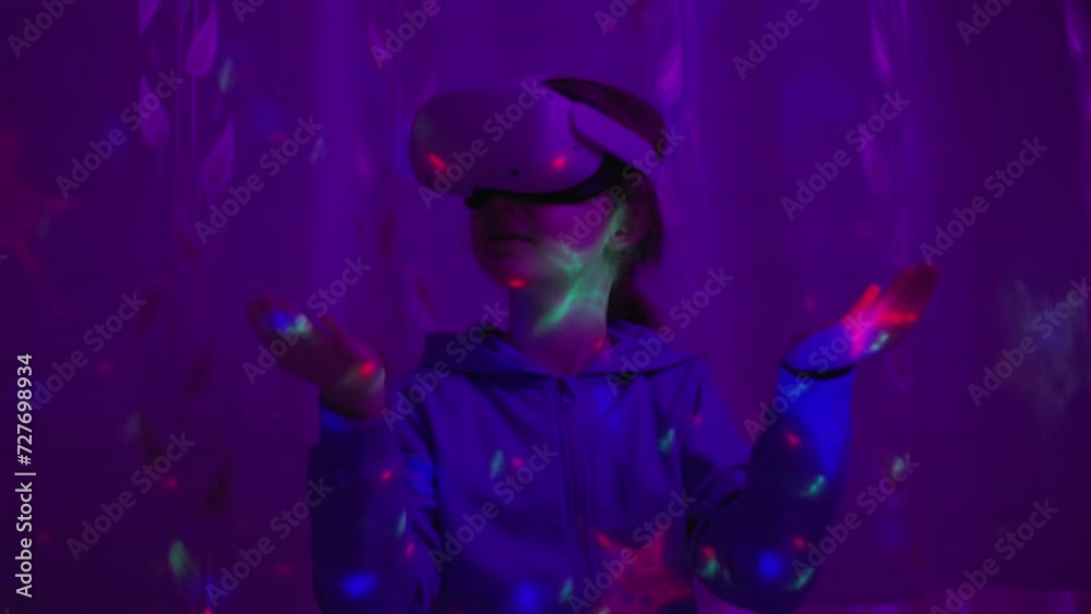 Girl Using Virtual Reality Headset And Looking Around At Interactive