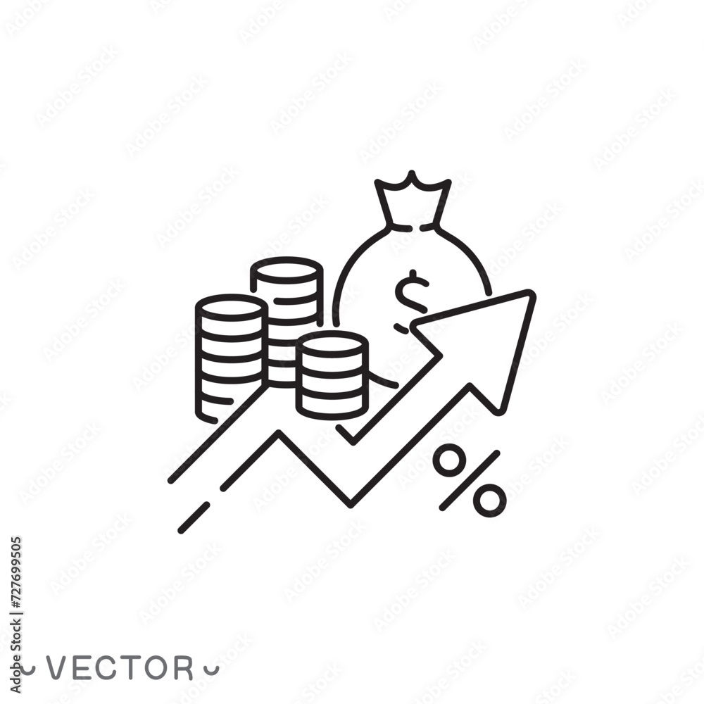 Inflation line icon. Money tax rate sign. Financial interest symbol ...